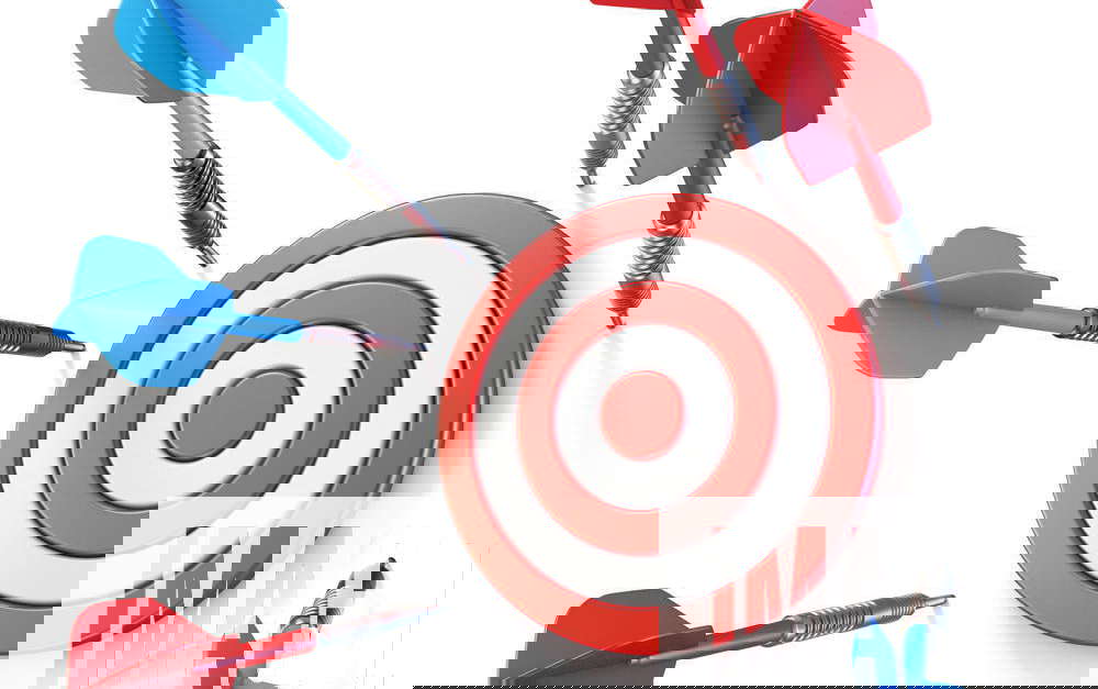 Blue and red dart miss target side view 3D Blue and red dart miss ...