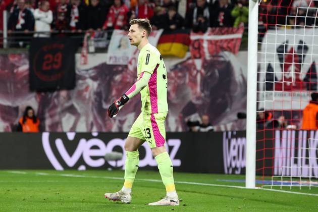 Goalkeeper Moritz Nicolas Borussia Moenchengladbach , left , against ...