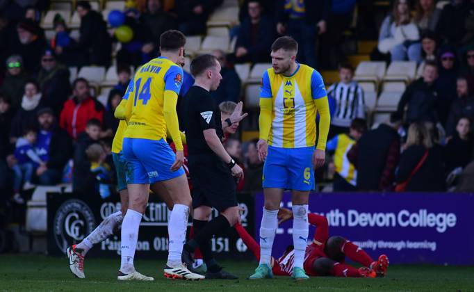 Torquay United v Aveley, Torquay, UK - 24 Feb 2024 Referee, Niall Smith ...