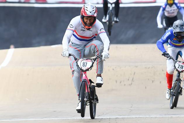 UCI BMX WORLD CUP, Kye Whyte of Great Britain celebrates winning the ...