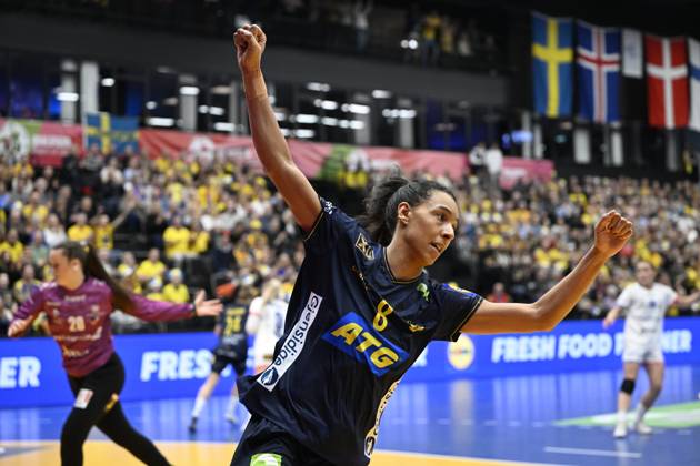 KARLSKRONA, SWEDEN 20240302 Swedens Jamina Roberts cheers after a goal ...