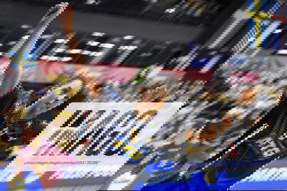 KARLSKRONA, SWEDEN 20240302 Swedens Jamina Roberts cheers after a goal ...