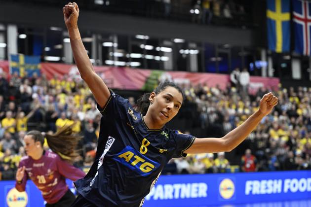 KARLSKRONA, SWEDEN 20240302 Swedens Jamina Roberts cheers after a goal ...