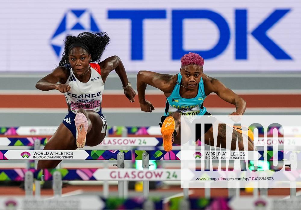 Devynne Charlton of Bahamas leads the 60 Metres Hurdles Women final race ahead of CyrÃ na