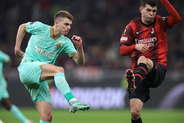 Milan, Italy, 7th March 2024. David Doudera of Slavia Praha reacts ...