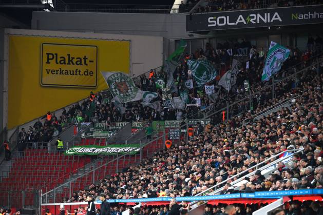 Wolfsburg guest fan block in the BayArena 10 03 2024, Soccer season ...