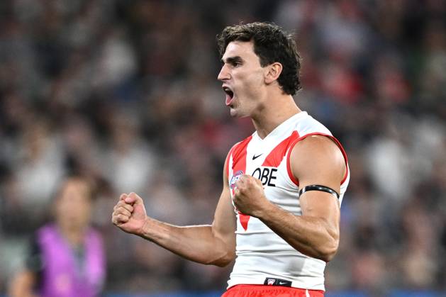 AFL MAGPIES SWANS, Sam Wicks of the Swans celebrates scoring a goal ...