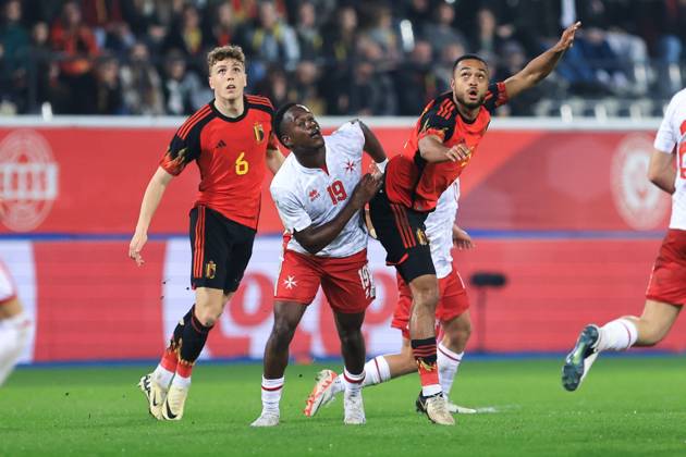 Belgium vs Malta U21, U 21 Basil Tuma of Malta battles for the ball ...