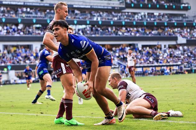 NRL EELS SEA EAGLES, Blaize Talagi of the Eels celebrates a try with ...
