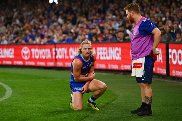 AFL BULLDOGS EAGLES, Cody Weightman of the Bulldogs reacts to an injury during the AFL Round