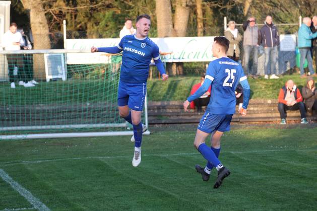 Marius Dreker SG left celebrates his goal for 1 0 with Nikolai Heidrich ...