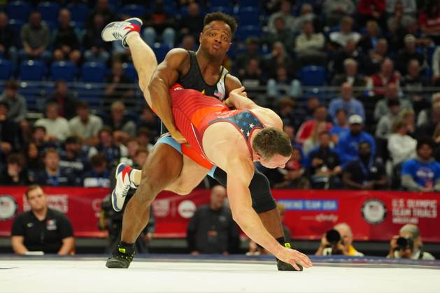 UNIVERSITY PARK, PA - APRIL 20: Aliaksandr Kikiniou and Kamal Bey wrestle in the Greco Roman 77kg