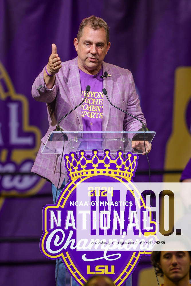 April 24, 2024: LSU Head Coach Jay Clark speaks to the crowd during LSU ...