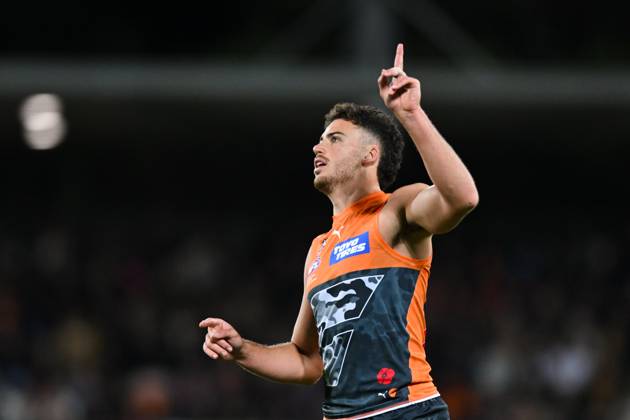AFL GIANTS LIONS, Jake Riccardi of the Giants celebrates after scoring ...