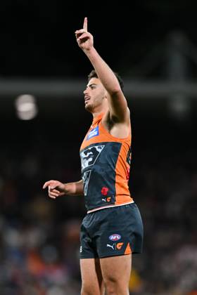 AFL GIANTS LIONS, Jake Riccardi of the Giants celebrates after scoring ...