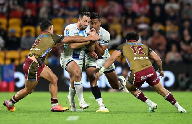 SUPER RUGBY REDS BLUES, Harry Plummer and Rieko Ioane of the Blues ...