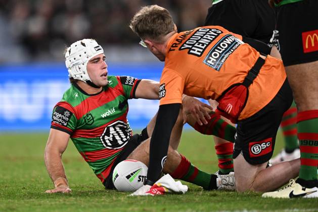 NRL RABBITOHS PANTHERS, Jye Gray of the Rabbitohs receives attention ...