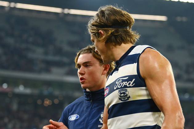 AFL DEMONS CATS, Tanner Bruhn and Rhys Stanley of the Cats react ...