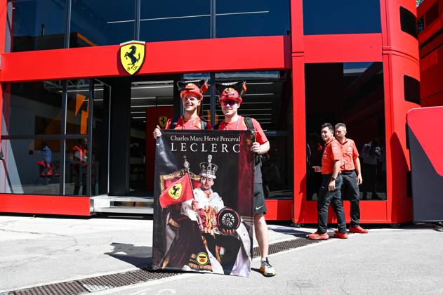 Imola, Italy: Fun Ferrari Leclerc supporter and logo Ferrari during ...