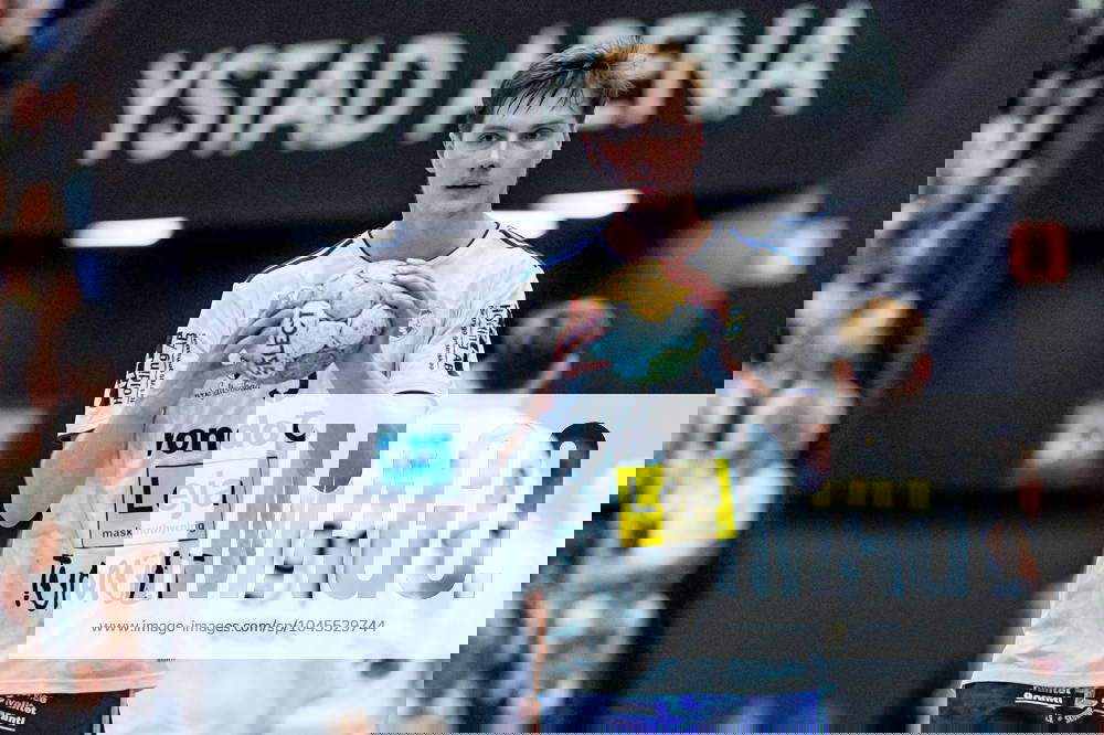 240522 Ystad IFs Linus Fernebrand dips during the final two in the Mens Handball League between