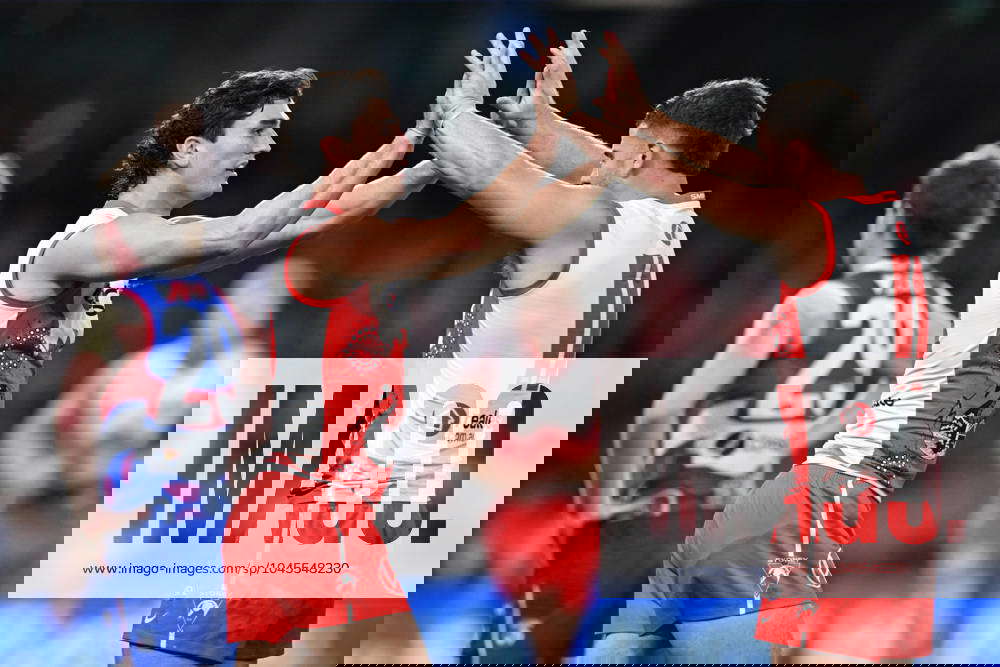 AFL BULLDOGS SWANS, Sam Wicks of the Swans celebrates scoring a goal ...