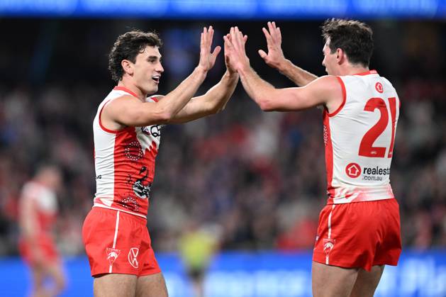 AFL BULLDOGS SWANS, Sam Wicks of the Swans celebrates scoring a goal ...