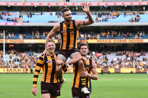 AFL HAWKS CROWS, Jack Gunston of Hawthorn celebrates scoring a goal ...