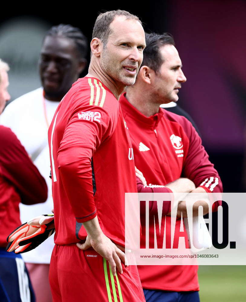 England Coach Frank Lampard and Petr Cech of World XI speak. Soccer Aid ...
