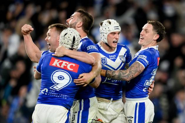 NRL BULLDOGS EELS, Blake Wilson of the Bulldogs celebrates his try ...