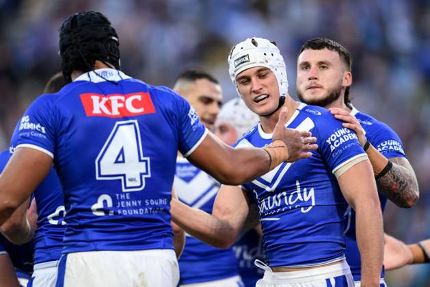 NRL BULLDOGS EELS, Blake Wilson of the Bulldogs celebrates his try ...