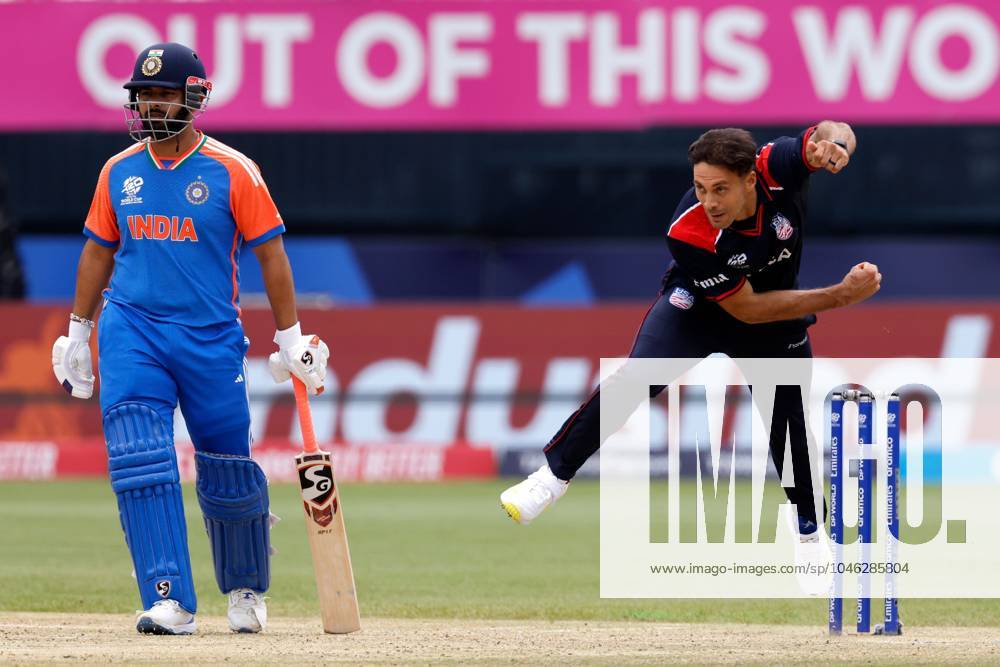 USA s Shadley Van Schalkwyk bowls during the ICC Men s T20 World Cup ...