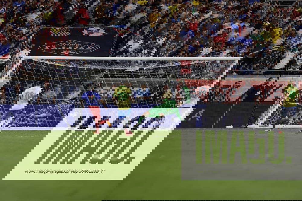 ORLANDO, FL - JUNE 12: Brazil goalkeeper Alisson Becker makes a save on ...