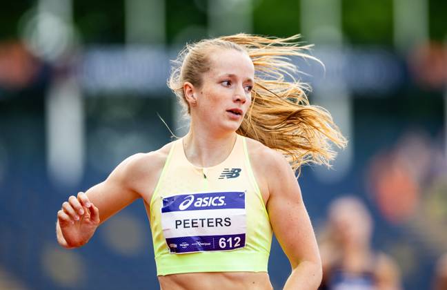 HENGELO - Cathelijn Peeters during the final 400 meter hurdles on the ...