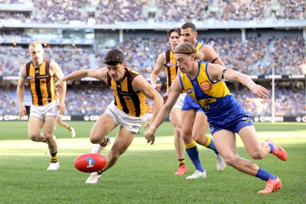 AFL EAGLES HAWKS, Harley Reid of the Eagles anf Massimo D Ambrosio of ...