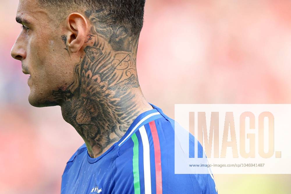 Tattoos on the neck of Gianluca Scamacca of Italy Switzerland v Italy ...