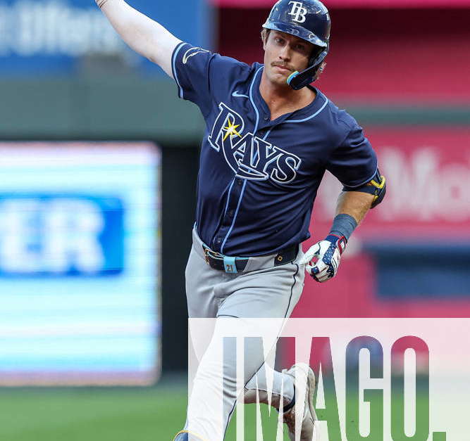 July 4, 2024: Tampa Bay Rays outfielder Jonny DeLuca (21) reacts to ...