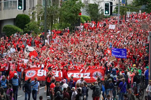 Swiss fans, fan march, national team, old town, Rhine meadows, stadium ...