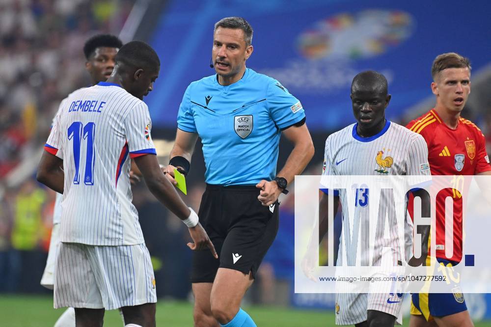 Referee Slavko VINCIC with Ousmane DEMBELE FRA and N Golo KANTE FRA Semi-final Spain ESP France