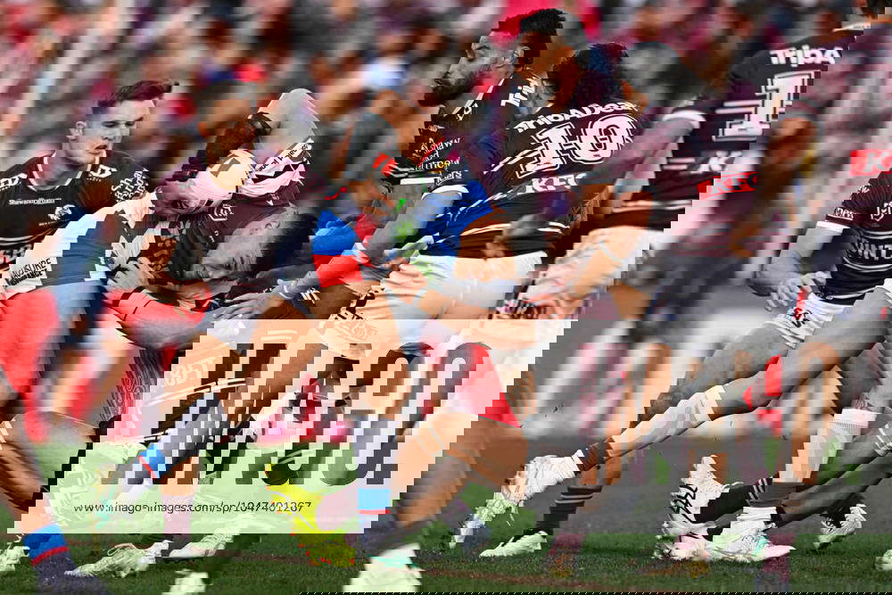 NRL SEA EAGLES KNIGHTS, Leo Thompson of the Knights is tackled during ...