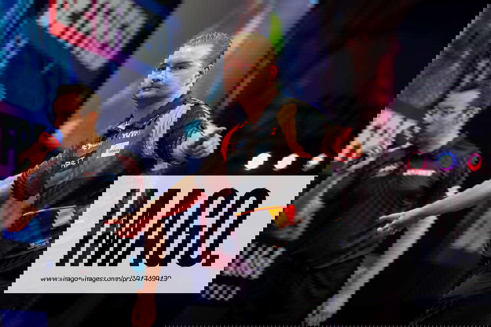 14 07 2024. 2024 Betfred Matchplay Dimitri Van den Bergh reacts in his ...