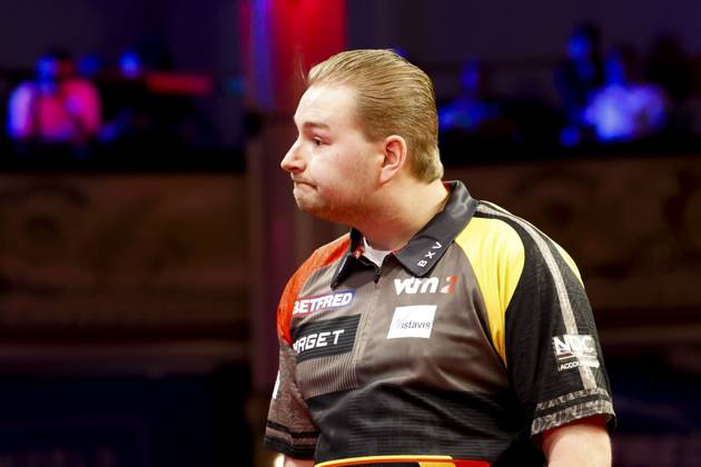 14 07 2024. 2024 Betfred Matchplay Dimitri Van den Bergh reacts in his ...