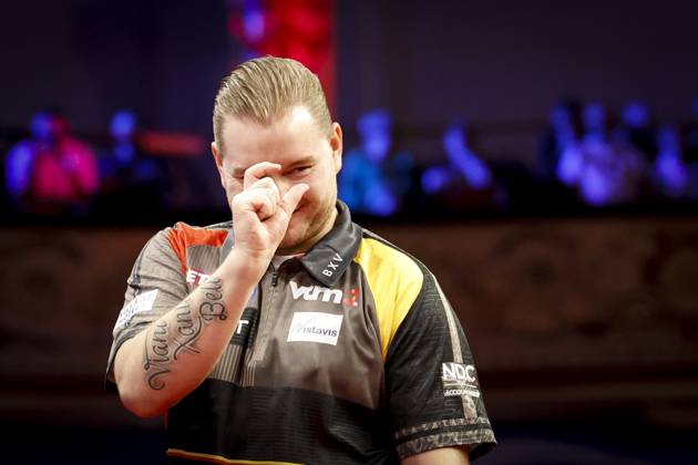 14 07 2024. 2024 Betfred Matchplay Dimitri Van den Bergh reacts in his ...