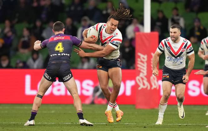 NRL STORM ROOSTERS, Dominic Young of the Roosters runs with the ball ...