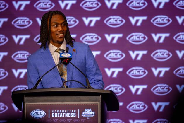 July 23, 2024: Virginia Tech cornerback Dorian Strong speaks with the ...