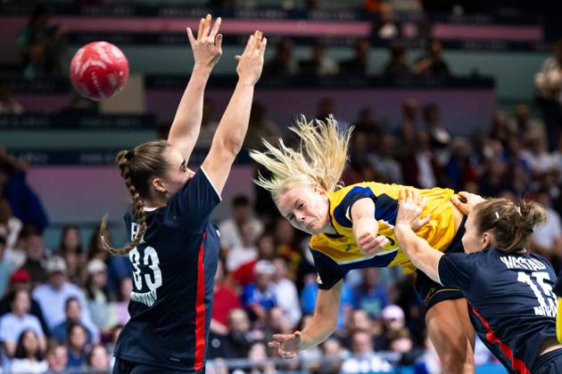Nina Koppang of Sweden competes in a womens preliminary round handball ...