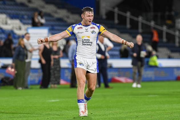 Harry Newman of Leeds Rhinos celebrates a win for Leeds Rhinos during ...