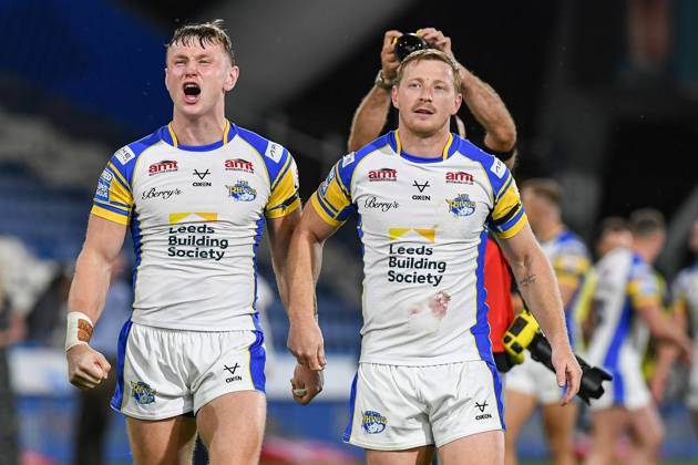 Harry Newman of Leeds Rhinos celebrates a win for Leeds Rhinos during ...