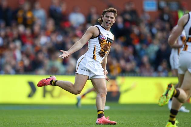 AFL CROWS HAWKS, Nick Watson of the Hawks celebrates a goal during the ...