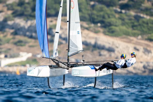 Emil Jarudd and Hanna Jonsson of Sweden compete during mixed multihull ...
