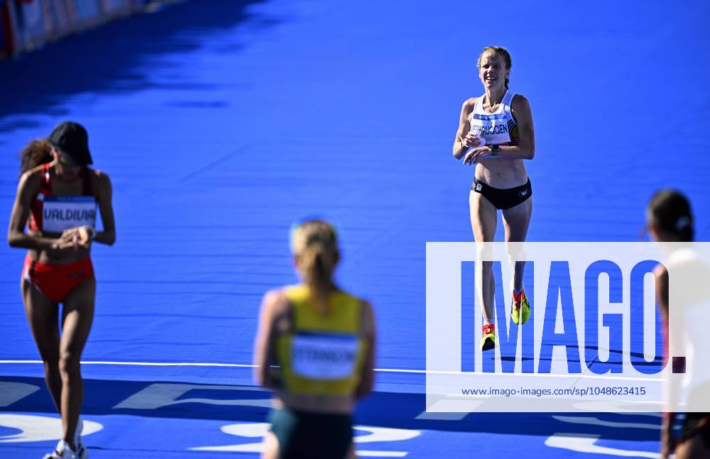 Belgian athlete Hanne Verbruggen pictured as she crosses the finish ...